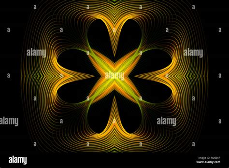 Abstract Motion Graphics With Colored Yellow Spirals And Fractals On A Black Background