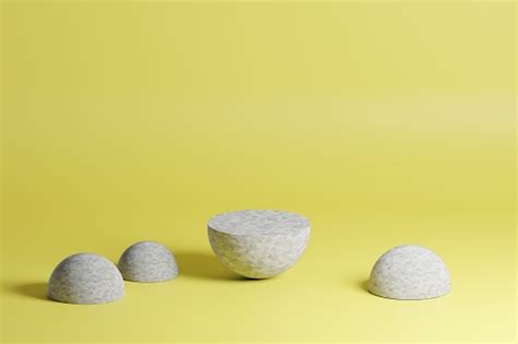 3d 모델링 장면에서 노란색 배경의 회색 기하학적 모양입니다 화장품 프리젠 테이션을위한 빈 연단 간단한 기하학적 3d 요소로 빈
