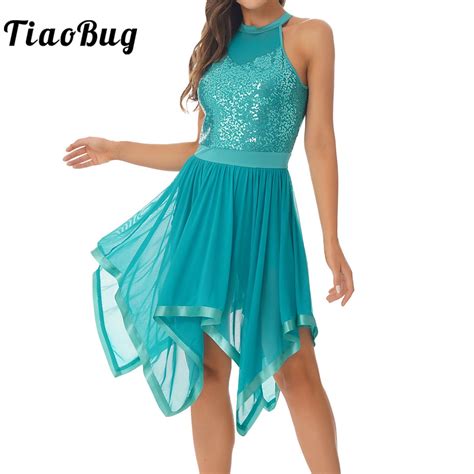 여성용 성인 발레 드레스 반짝이는 스팽글 현대 서정적 댄스 의상 홀터 비대칭 체조 레오타드 댄스 드레스