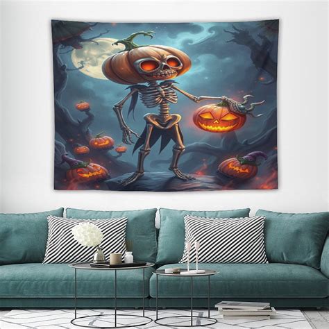 Tapestry Wall Hanging Spooky Pumpkin Skeleton Art Bedroom Window
