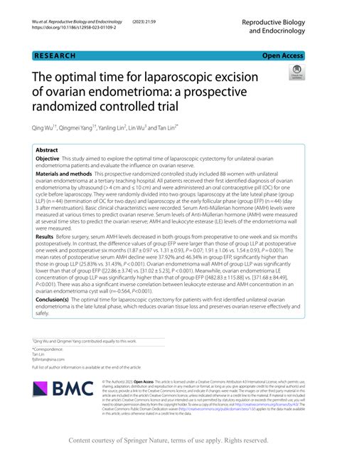 Pdf The Optimal Time For Laparoscopic Excision Of Ovarian Endometrioma A Prospective