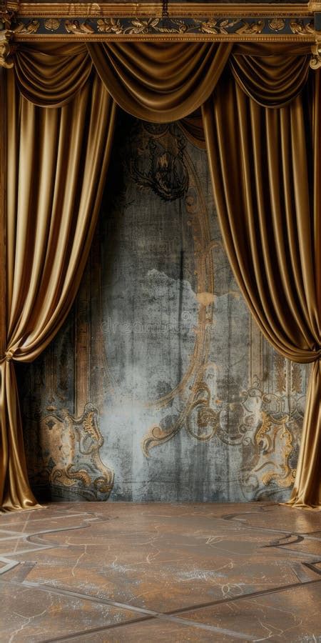 Elegant Vintage Theater Stage With Luxurious Golden Curtains And Ornate Backdrop Stock