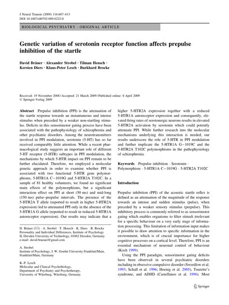 Pdf Genetic Variation Of Serotonin Receptor Function Affects Prepulse Inhibition Of The Startle