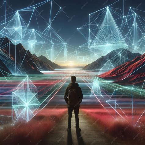 Ai Of Someone Stands By An Empty Field Abstract Neon Structures In The