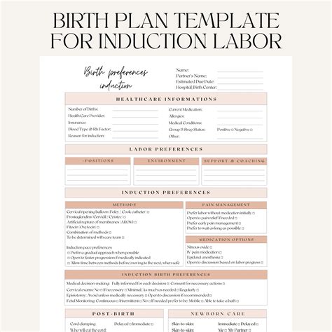 Induction Birth Plan Template Editable And Printable Hospital Friendly