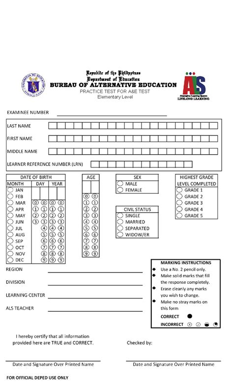 Aepractice Test As El Answer Sheet Bachelor Of Elementary Education