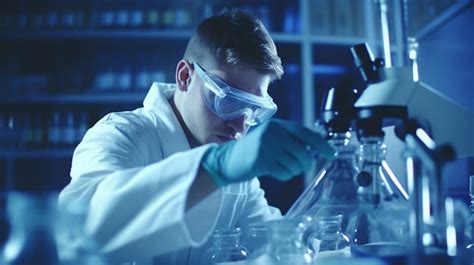 A Scientist In A Lab With A Microscope In The Background Premium Ai