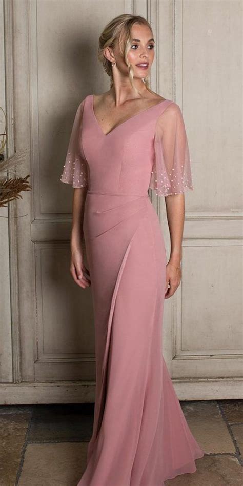 Blush Pink V Neck Short Sleeve Mother Of Bride Dress Evening Dress