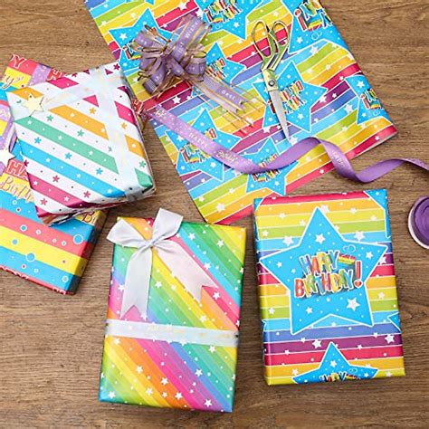 Birthday Wrapping Paper Pack Of 12 Colorful Star And Rainbow Designs