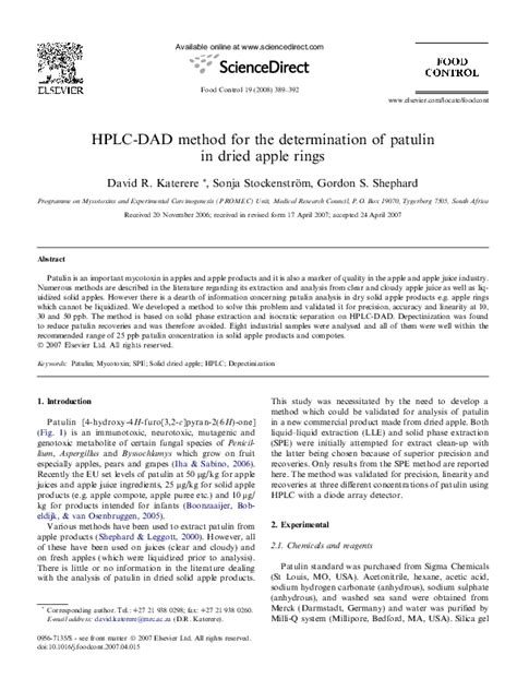 Pdf Hplc Dad Method For The Determination Of Patulin In Dried Apple Rings