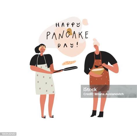 양식에 일치시키는 여자는 팬케이크를 만듭니다 손으로 그린 사람과 텍스트 행복한 팬케이크 의 날 벡터 템플릿 낙서 드로잉에 대한 스톡 벡터 아트 및 기타 이미지 Istock