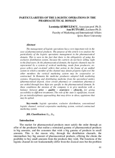 Pdf Particularities Of The Logistic Operations In The Pharmaceutical