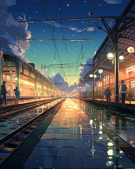 Beautiful Anime Style Illustration Of A Train Station At Twilight Stock