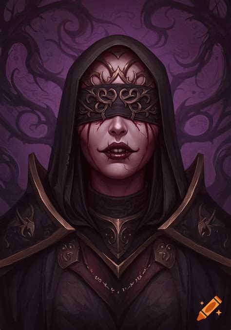 A Stylized Portrait Of A Sinister Blindfolded Female Cultist In A Dark