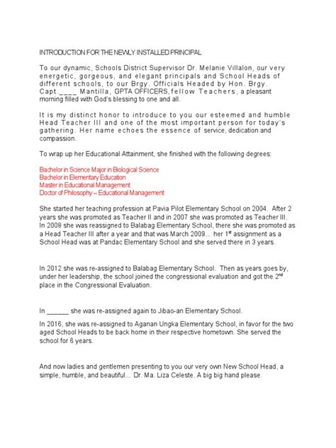 Introduction For The Newly Installed Principal Pdf