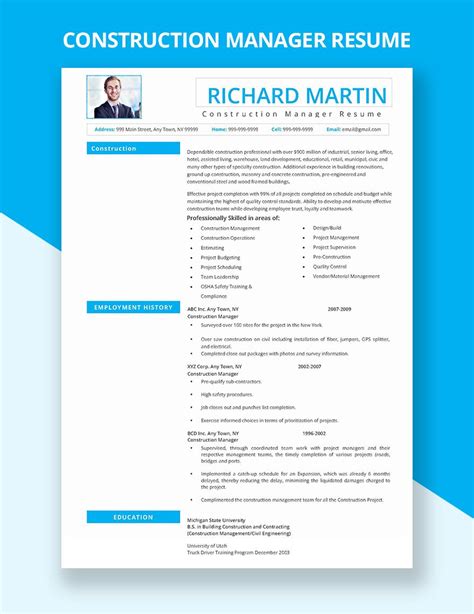 Construction Project Manager Resume Template Prntbl