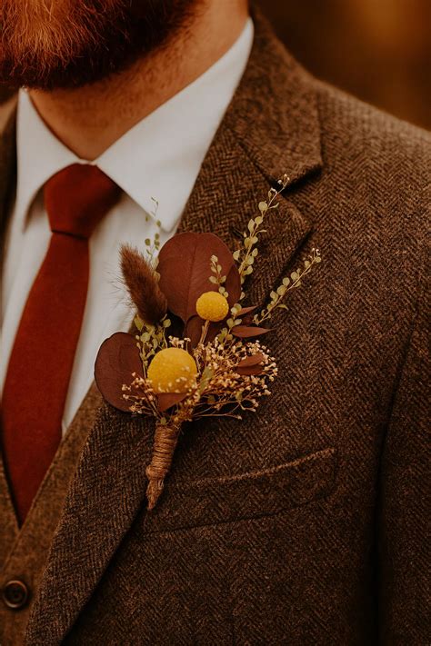 Rustic Autumn Wedding Boutonniere With Yellow Billy Balls And Burgundy