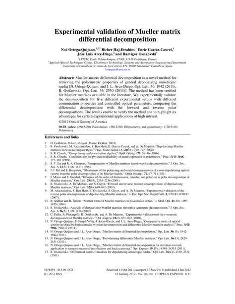 Pdf Experimental Validation Of Mueller Matrix Differential Decomposition