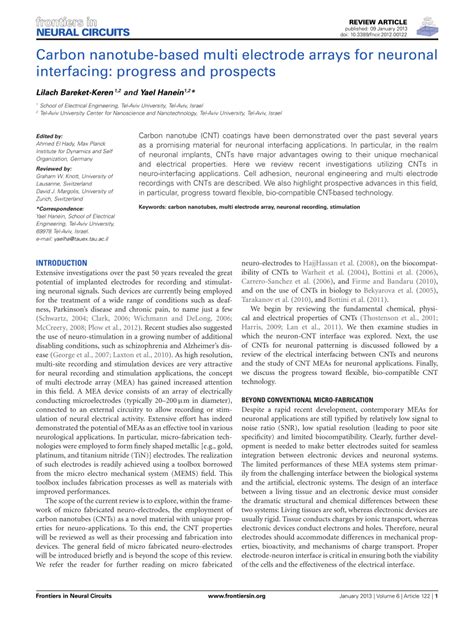 Pdf Carbon Nanotube Based Multi Electrode Arrays For Neuronal Interfacing Progress And Prospects