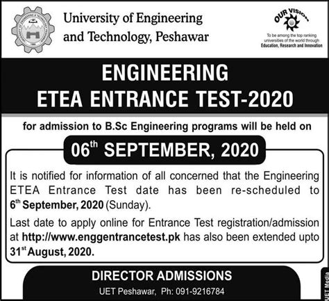 Uet Peshawar Etea Engineering Entry Test Date 2020 Announced