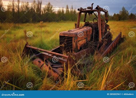 Abandoned Rusty Plow Left In Tall Grass Stock Illustration
