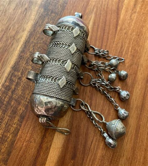Antique Tribal Silver Scroll Holder Amulet Gem