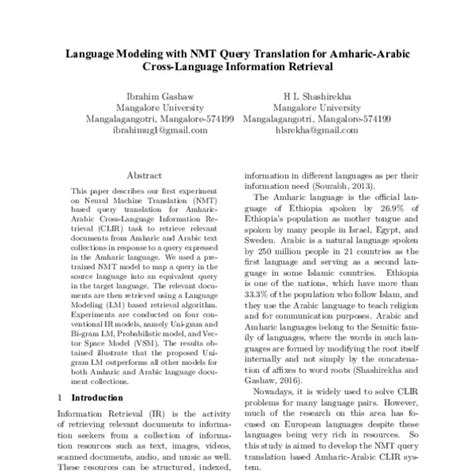 Language Modelling With Nmt Query Translation For Amharic Arabic Cross Language Information