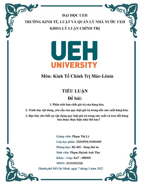 KTCT Kinh tế chính trị ĐẠI HỌC UEH TRƯỜNG KINH TẾ LUẬT VÀ QUẢN LÝ NHÀ NƯỚC UEH KHOA LÝ LUẬN