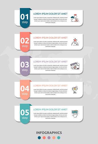 벡터 인포그래픽 플랫 템플릿입니다 다섯 다이어그램 그래프 순서도 타임 라인 마케팅 프리젠 테이션사각형 5개의 레이블이 있는 비즈니스 컨셉 0명에 대한 스톡 벡터 아트 및