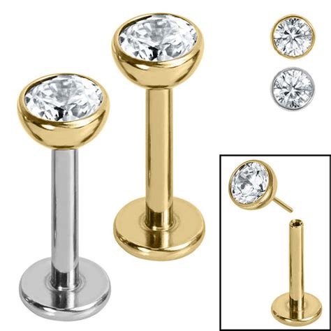 Titanium Threadless Labrets Gold Titanium Bend Fit Bezel Set Jewel Uk