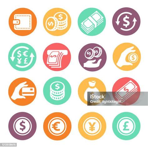 돈 색깔 아이콘 세트 동전 신용 카드 유로 달러 한숨 Atm과 손 교환에 대한 스톡 벡터 아트 및 기타 이미지 교환 구매 금융 Istock