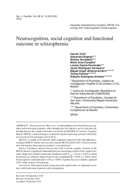 Pdf Neurocognition Social Cognition And Functional Outcome In Schizophrenia