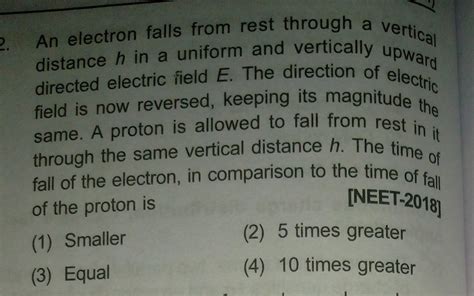An Electron Falls From Rest Through A Ve Distance H In A Uniform And