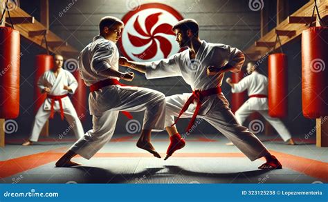 Two Red Belt Karatekas Fighting In Dojo With Shotokan Symbol Stock