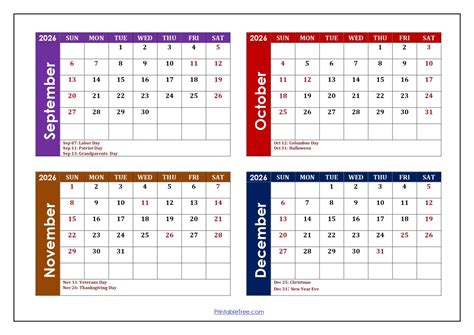 September To December 2026 Calendar Printable Pdf Four Month Calendar