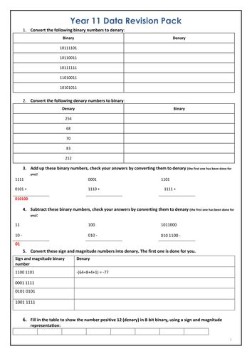 Gcse Computing Data Representation Revision Pack Teaching Resources