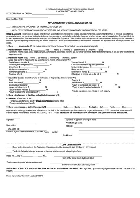 Fillable Application For Criminal Indigent Status Form Pasco County