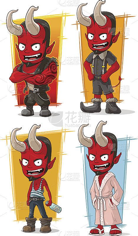 卡通邪恶的红魔鬼与大角矢量人物集