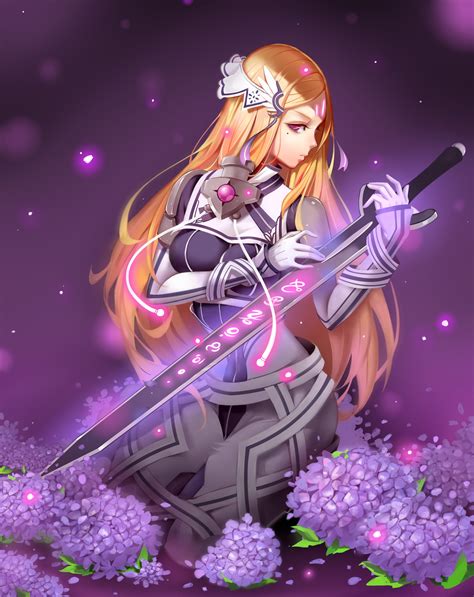 Long Hair Blonde Red Eyes Anime Anime Girls Sword Weapon Flowers Hd Wallpapers Desktop