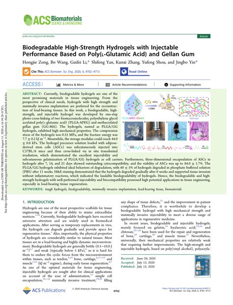 Pdf Biodegradable High Strength Hydrogels With Injectable Performance Based On Polyl Glutamic