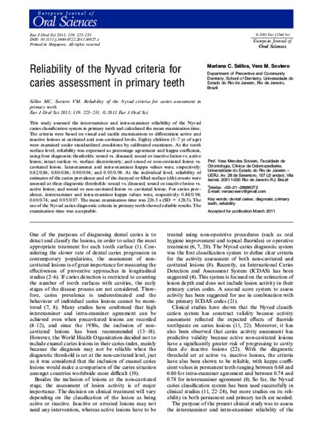 Pdf Reliability Of The Nyvad Criteria For Caries Assessment In