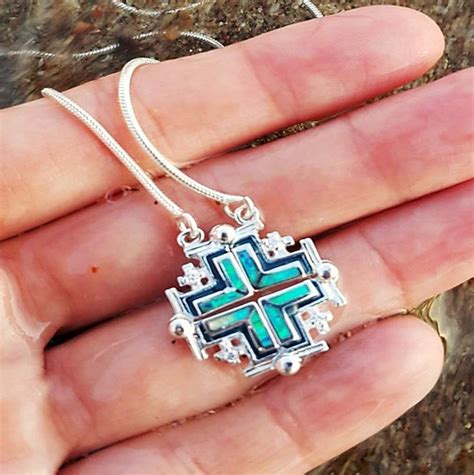 Openable Silver Jerusalem Cross Necklace With Opal 5 Fold Cross Fire
