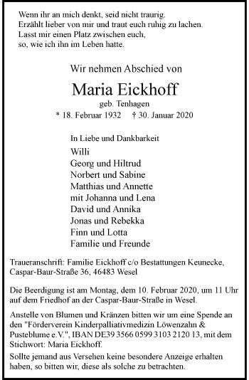Alle Traueranzeigen Für Maria Eickhoff Trauerrp Onlinede