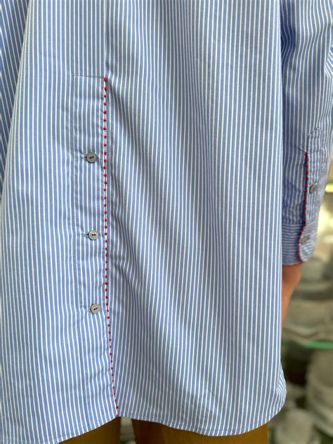 Péro Button Up Bluewhite Stripe Shirt With Red Stitching Lily Pond