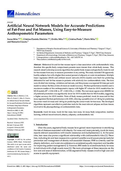 Pdf Artificial Neural Network Models For Accurate Predictions Of Fat Free And Fat Masses