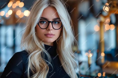 A Woman With Long Blonde Hair Wearing Glasses In A Restaurant Premium