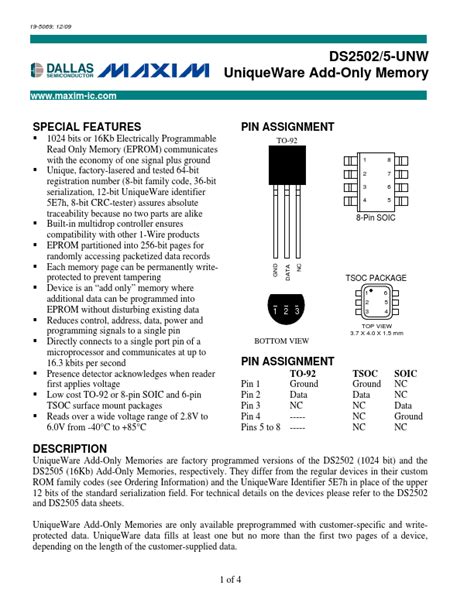 Ds2502 Unw Datasheet Pdf Uniqueware Add Only Memory Dallas