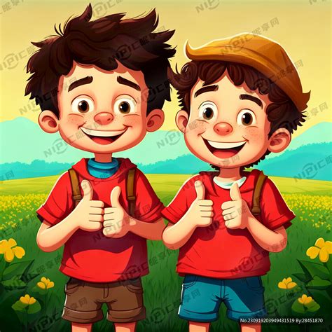 Ai创作图卡通儿童 田园 两兄弟 微笑 站着 对视 竖着大拇指 昵图网