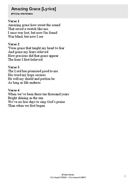 Amazing Grace Lyrics Pdf