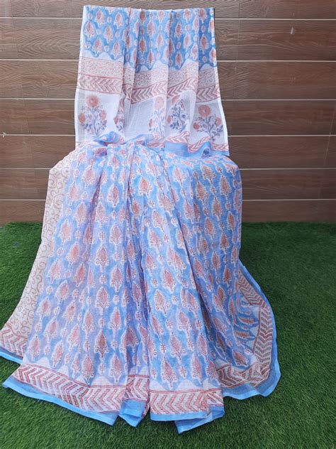Sky Blue Color Hand Block Print Kota Doria With Blouse Saree Aaditri Fab